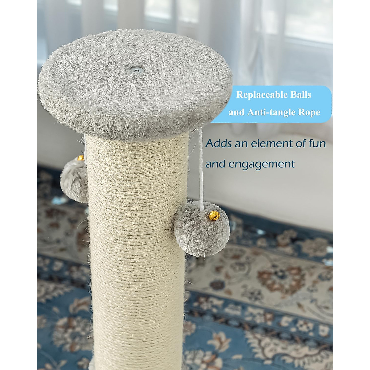 Kilodor 34Inch Tall Cat Scratching Post,4.3Inch Diameter Large Sisal Cat Scratch Post with Ball, Sturdy and Durable Cat Scratcher for Indoor Cats Adults Grey