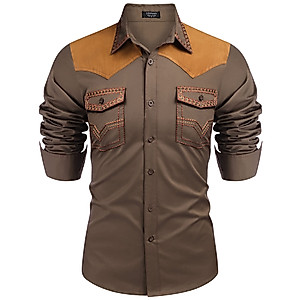 COOFANDY Mens Shirt Western Cowboy Embroidered Long Sleeve Slim Fit Casual Cotton Button Down Hippie with Pockets, Khaki, X-Large, Long Sleeve