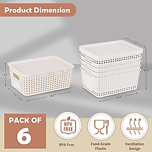 Plastic Storage Baskets With Lid Stackable Home Storage Bins for Organizing Shelves Drawers Desktop Closet, White, 6 packs