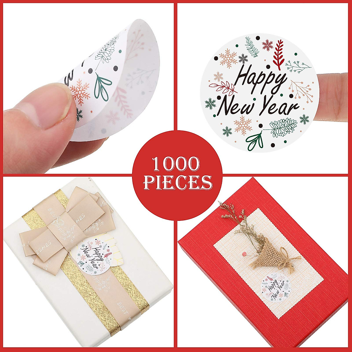 1000 Pieces Happy New Year Floral Stickers Waterproof New Year Labels for Party Favors, Goodie Bag Fillers, Holiday Decorations