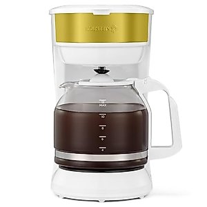 Holstein Housewares 12-Cup Drip Coffee Maker with Auto Keep Warm and Permanent Filter - Compact and User Friendly Design in White/Gold Color with Auto Pause and Serve Functions