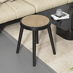 [PJ Collection] Natural Rattan Stool, Handcrafted Wood, Lightweight, Hand-Woven, No Tool Assembly (Round, Black)