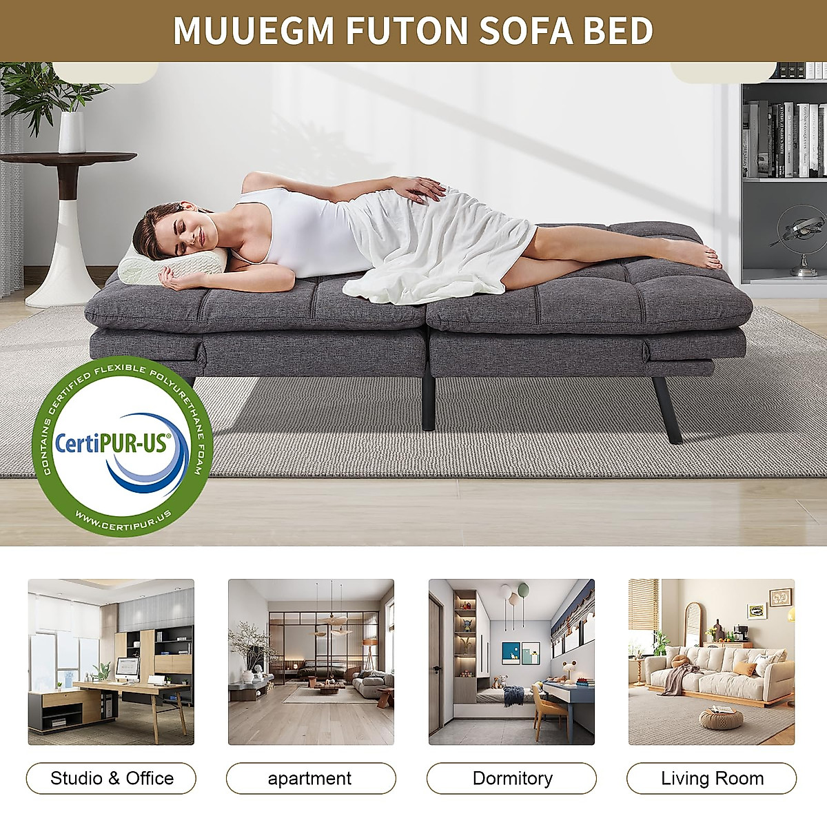MUUEGM Futon Sofa Bed,71" Convertible Memory Foam Couch Bed for Living Spaces,Office,Apartment,Adjustable Sleeper Sofa,Linen Charcoal Grey