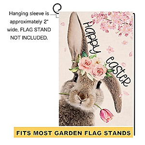 Easter Bunny Garden Flag 12x18 Vertical Double Sided Gray Rabbit Spring Floral Tulip Farmhouse Holiday Outside Decorations Burlap Yard Flag BW278