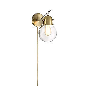 Amazon Brand – Rivet Mid-Century Modern Single Glass Globe Plug-In Wall Sconce With LED Light Bulb - 9.5 x 6.25 x 9.75 Inches, Gold Satin Brass - 21168-001