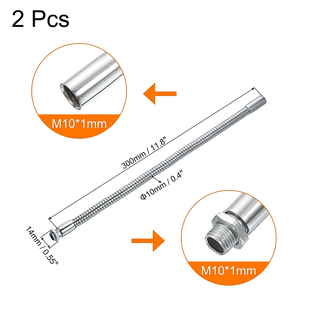 PATIKIL 11.8" Universal Gooseneck Hose, 2Pcs M10 Fine Thread Metal Bendable Hose Flexible Arm Gooseneck Tube Extension for Multifunction DIY, Silver Tone