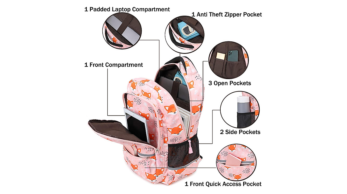 Soekidy Pink Fox Backpack Set for Girls - 3 in 1