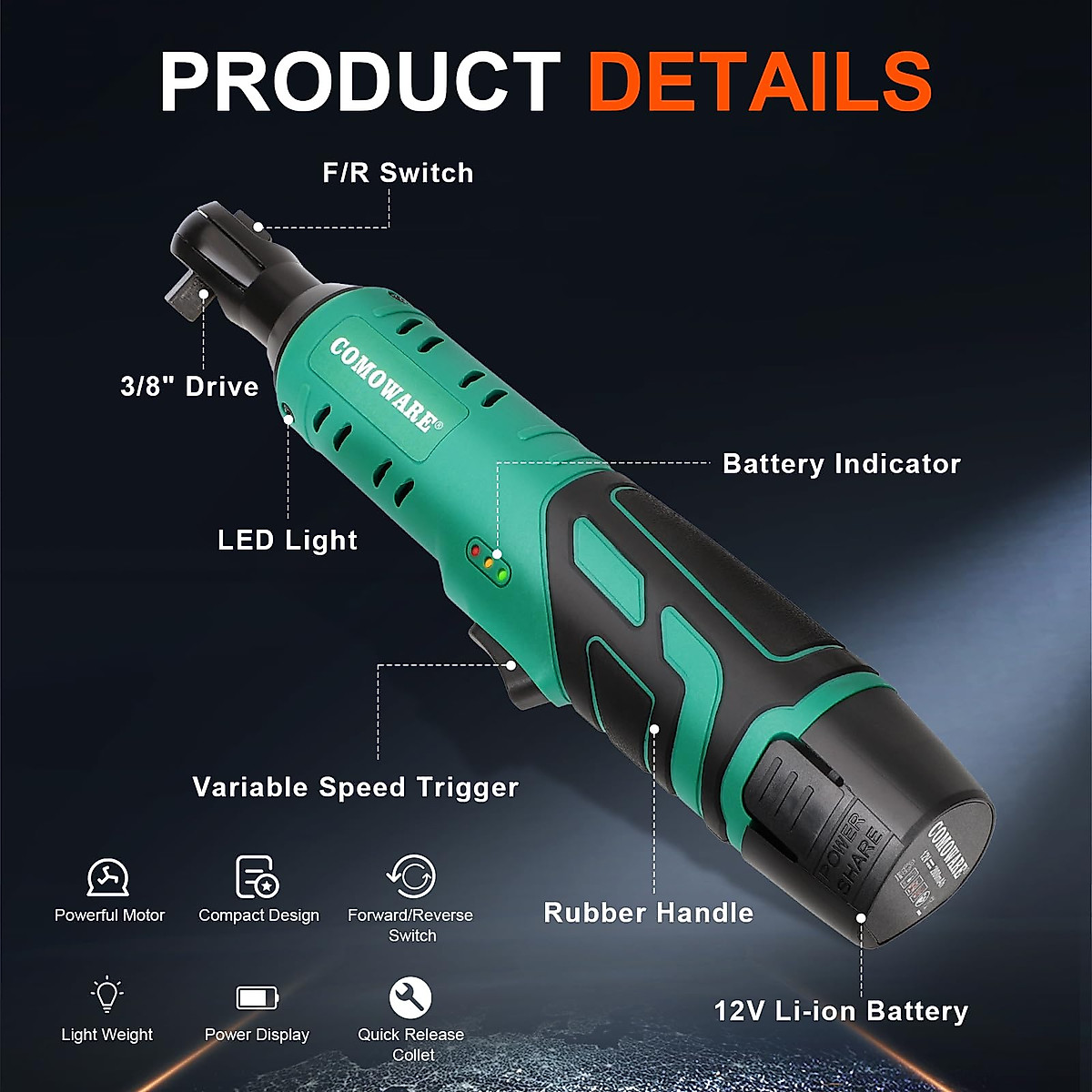 COMOWARE 3/8 Cordless Electric Ratchet Wrench Kit, 40ft-lbs Torque, 12V Power, 8 Sockets, LED Light, Fast Charger, Ergonomic Design
