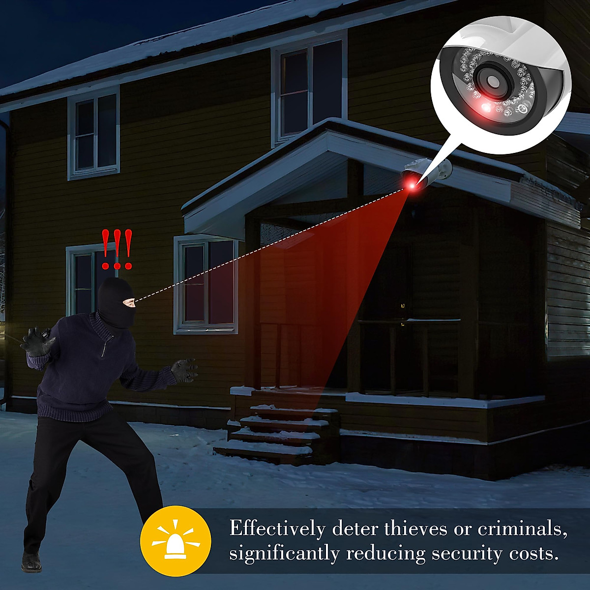 BNT Solar Powered Fake Security Camera, Bullet Shape Fake Surveillance Camera with Red LED Light for Night, Security Warning Sticker, for Outdoor Safety Alert (White 4Pack,Battery not Included)