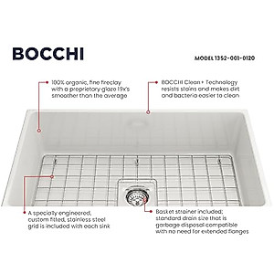 BOCCHI Contempo Farmhouse Apron Front Fireclay 33 in. Single Bowl Kitchen Sink with Protective Bottom Grid and Strainer in White