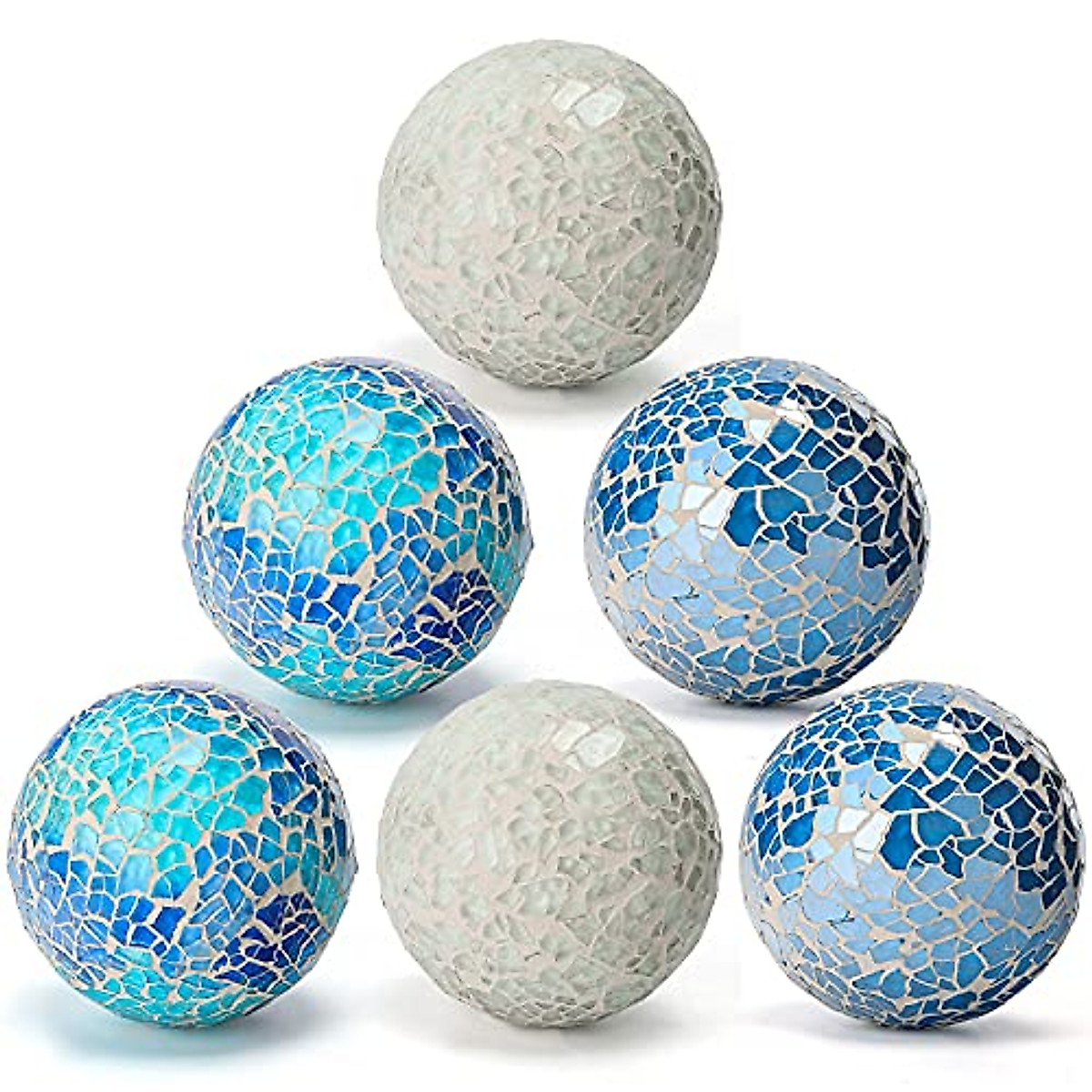 DomeStar 4 Inches Blue Cerulean White and Grey Wicker Rattan Balls Orbs and 6PCS 2.4 Inches Mosaic Glass Orbs