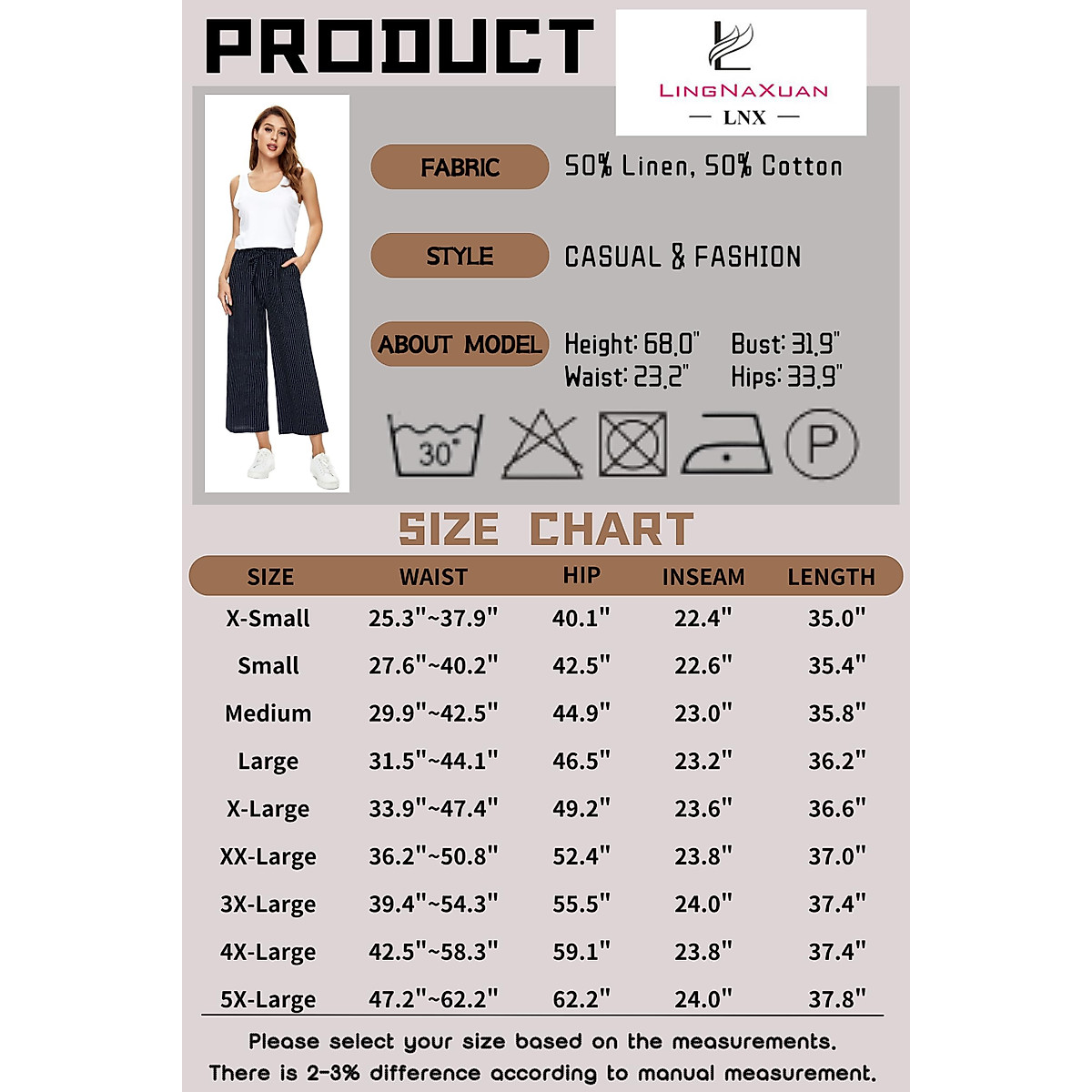 LNX Womens Linen Pants High Waisted Wide Leg Drawstring Casual Loose Trousers with Pockets (X-Large, Striped-Navy)