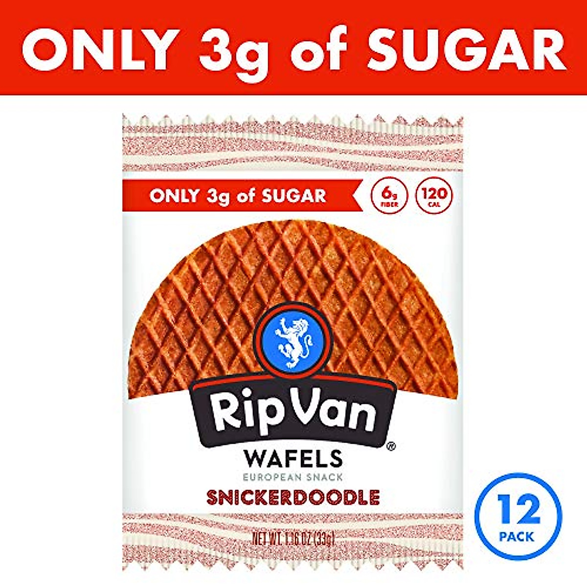 Rip Van Wafels Snickerdoodle Stroopwafels - Healthy Snacks - Non GMO- Keto Friendly - Office Snacks - Low Sugar (3g) - Low Calorie - 12 Pack