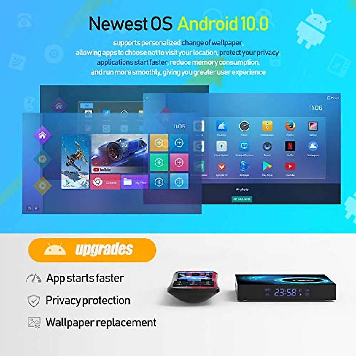 Android 10.0 TV Box, 4GB RAM 32GB ROM Android TV Box Quad-core Smart Android TV Box 64bit, Support 2.4G/5.0G Dual WiFi 6K Utral HD / 3D / H.265 with BT 5.0