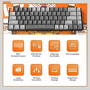 MAGIC-REFINER RK68 60% Wireless Mechanical Keyboard, Bluetooth 5.0/2.4GHz with Dual Mode 2-in-1 Receiver, Ergonomic Compact 68-Key Hot Swappable Gaming Keyboard, Blue Switch for Mac Windows PC