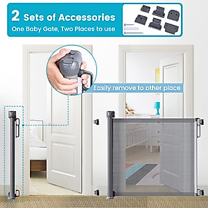 Retractable Baby Gates for Stairs Doorways, [Upgraded Double Lock] 34" Tall, Extra Wide up to 72", Mesh Pet Puppuy Dog Gate for House, Hallways, Indoor/Outdoor (72 inch, Grey)