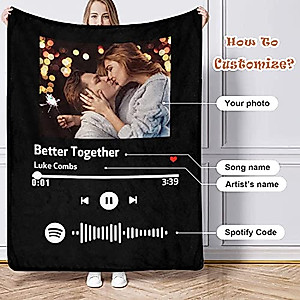 Personalized Spotify Code Music Blanket,Customized Blankets with Photos for Couples Lover, Custom Flannel Blankets Using Photos of Family, Friends, Dog, Cat Or Pet, Birthday Valentines Gifts