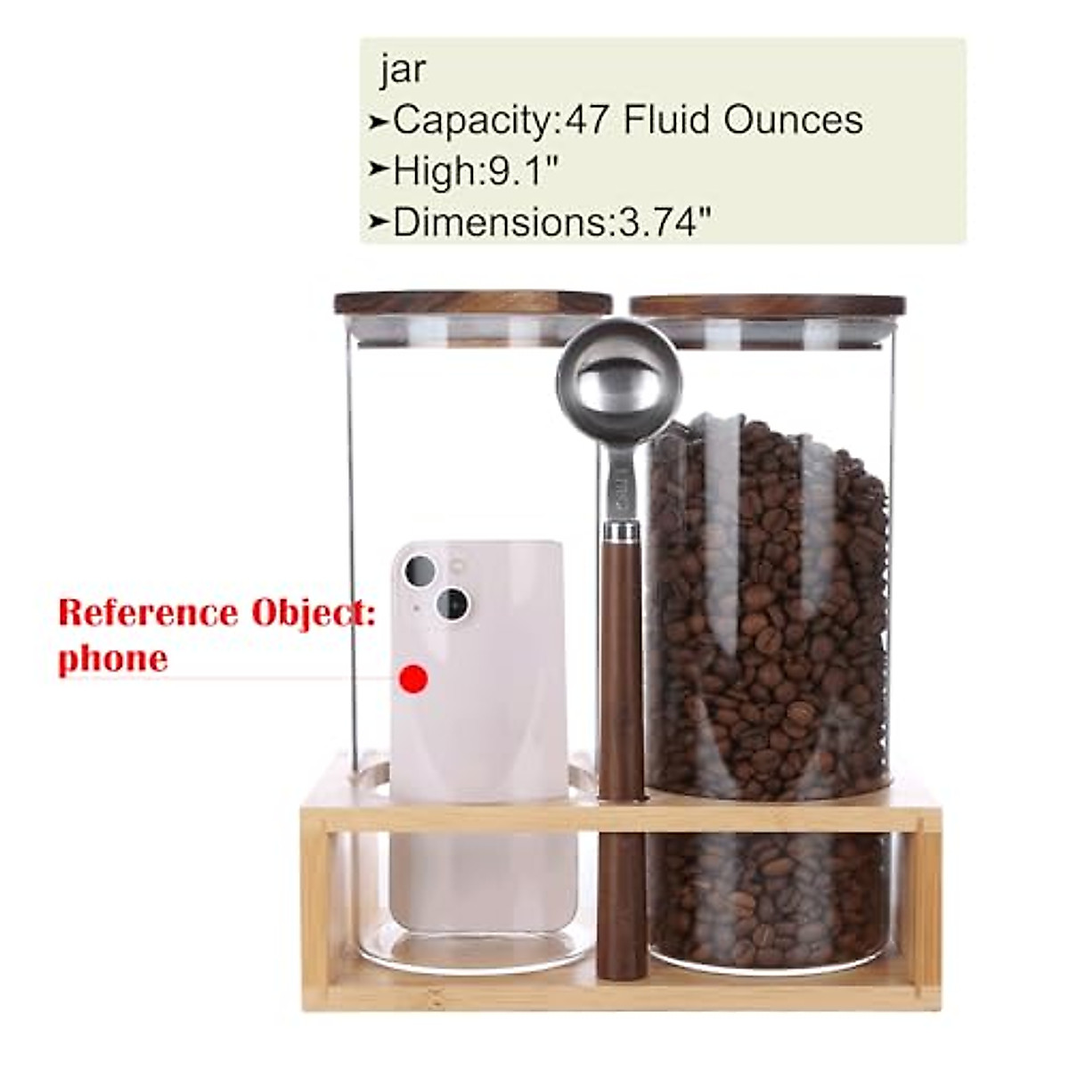 KKC HOME ACCENTS Airtight Glass Coffee Sugar Storage Containers with Wooden Lids and Scoops,Air Tight Sealed Glass Canisters with Spoons for Coffee,Loose Tea,Flour,Sugar,Grains,Oatmeal,47 Fl oz