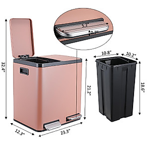 Arlopu 8 Gallon Dual Trash Can, 30L Stainless Steel Kitchen Garbage Can, Step-on Classified Recycle Garbage Bin with Removable Inner Buckets, for Kitchen, Living Room, Office (Pink)