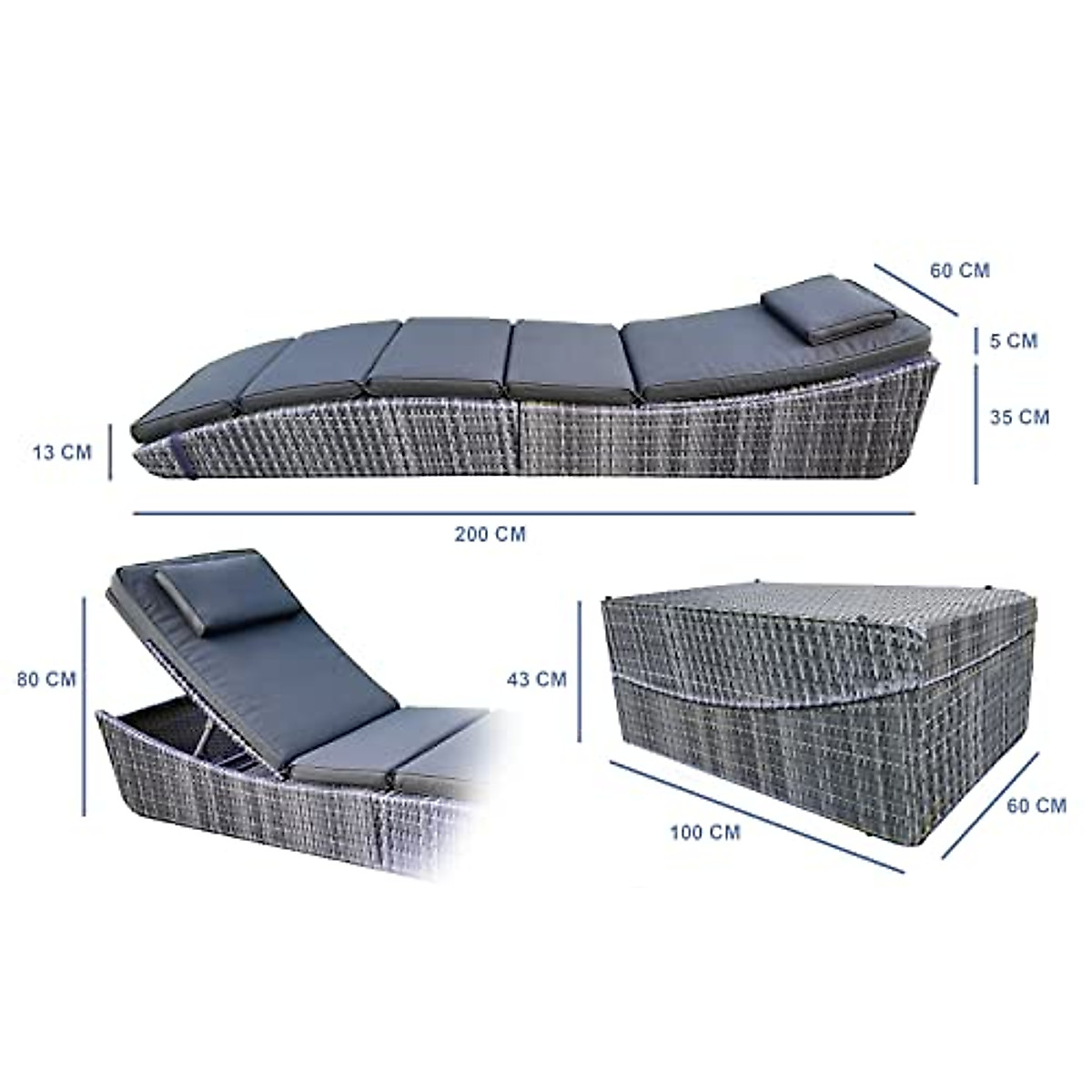 BTEXPERT Foldable Outdoor Chaise Pool Lounge Chair Folding Wicker Rattan Sun Bed Patio Couch Reclining Lounger Adjustable Padded Backrest Pillow Assembled Set of 2, Grey - Two Piece