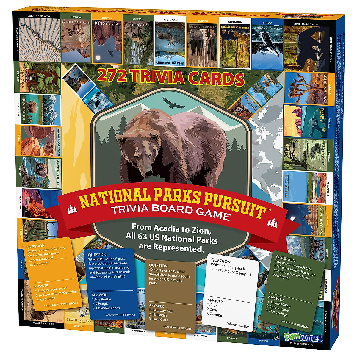 Funwares National Parks Pursuit Trivia Board Game Just Got Better - All 275 Trivia Questions Updated! Explore All 63 U.S. National Parks, Family Board Game for Kids, Teens and Adults, 2-6 Players