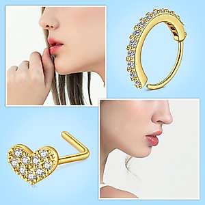 JFORYOU Nose Rings Hoop 20G Nose Rings Studs Surgical Steel L Shape Nose Studs for Women CZ Heart Moon Butterfly Snake Gold Tone Nose Piercings Jewelry