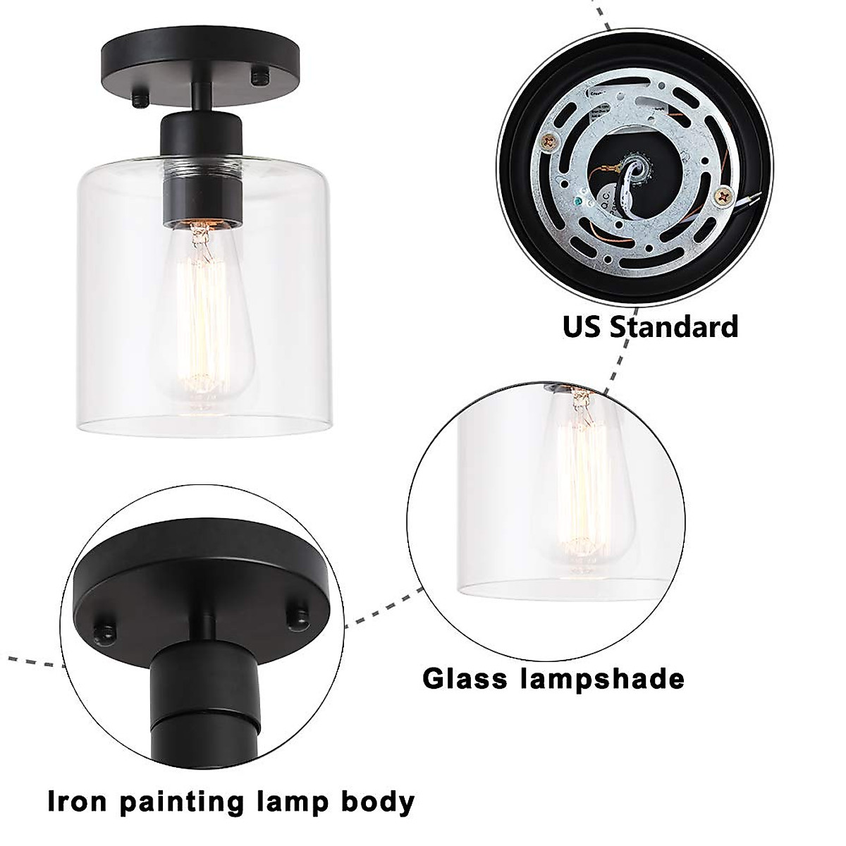 KLSS 2 Pack Black Modern Semi Flush Mount Ceiling Light,Rustic Ceiling Light fixture for Closet Hallway Entryway,Hallway Ceiing Light,Matte Black Finish (6 in)