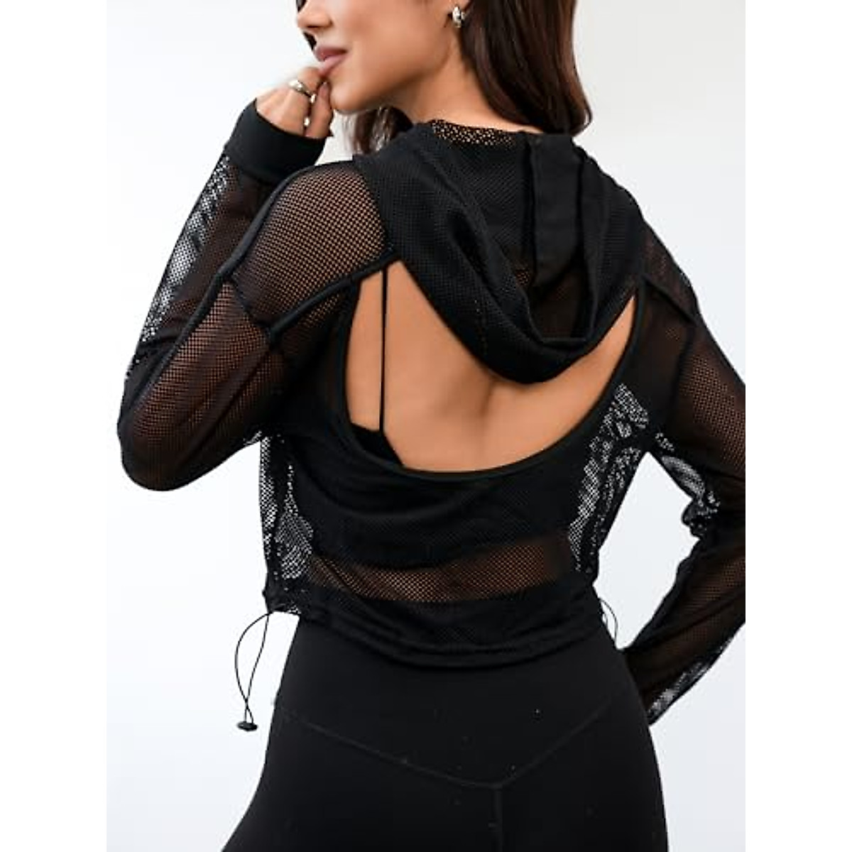 SweatyRocks Women's Activewear Long Sleeve Hollow Out Drawstring Hooded Sweatshirt Sports Crop Top Black M