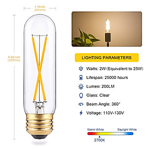 Dimmable 2W Tubular LED Bulbs, 2700K Warm White, Edison Style Filament Light Bulb, Vintage T10 Lamp Bulb 25 Watt Equivalent, E26 Medium Base 200LM,Clear Glass Cover,3Pack