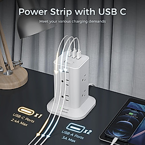 Surge Protector Power Strip Tower 10 FT, TESSAN Flat Plug Extension Cord with 8 AC Outlets 3 USB Ports (1 USB C), 1700J Protection Desk Charging Station for Home, Office Supplies, Dorm Room Essentials