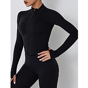 Fenclushy Womens Cropped Slim Athletic Yoga Workout Track Sports Zip Up Jacket with Thumb Holes(Black,M)