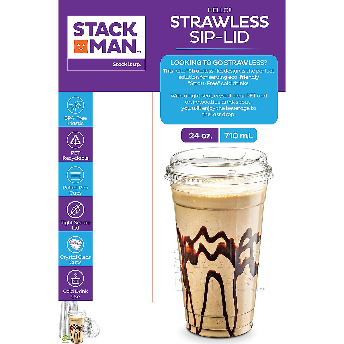 24 oz Clear Plastic Cups with Strawless Sip-Lids [50 Sets] PET Crystal Clear Disposable 16oz Plastic Cups with Lids - Crystal Clear, Durable Cup - BPA Free + Crack Resistant, for Coffee, Juice, Shakes