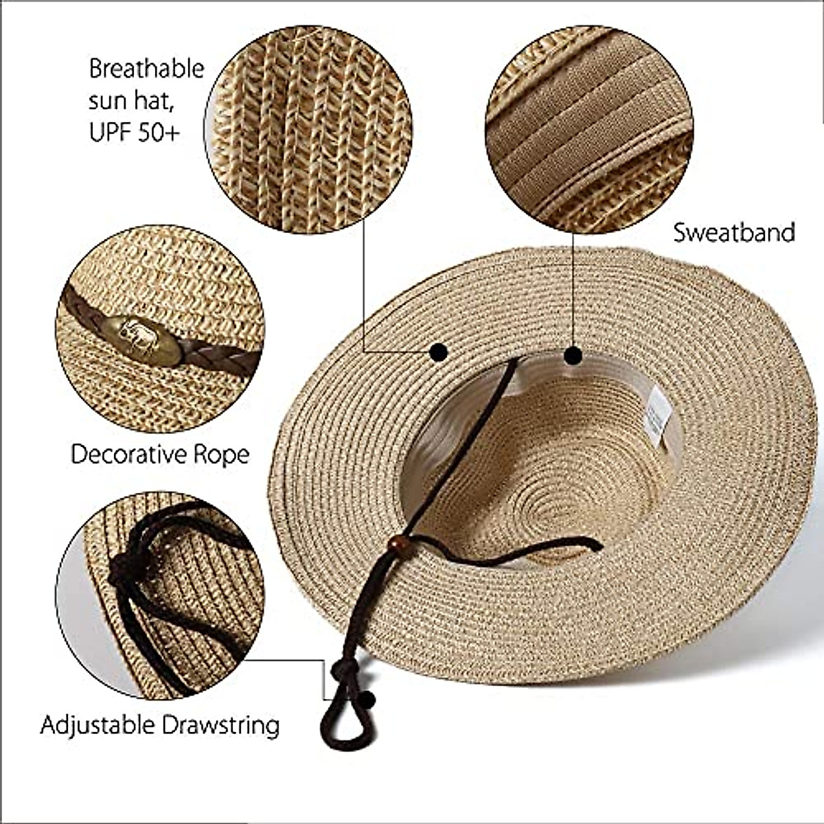 Womens Straw Sun Hat Classic Flat Beach Hat Mens Garden Hat Cowboy Style Hat with Wind Lanyard UPF 50+ Summer Hat Beige