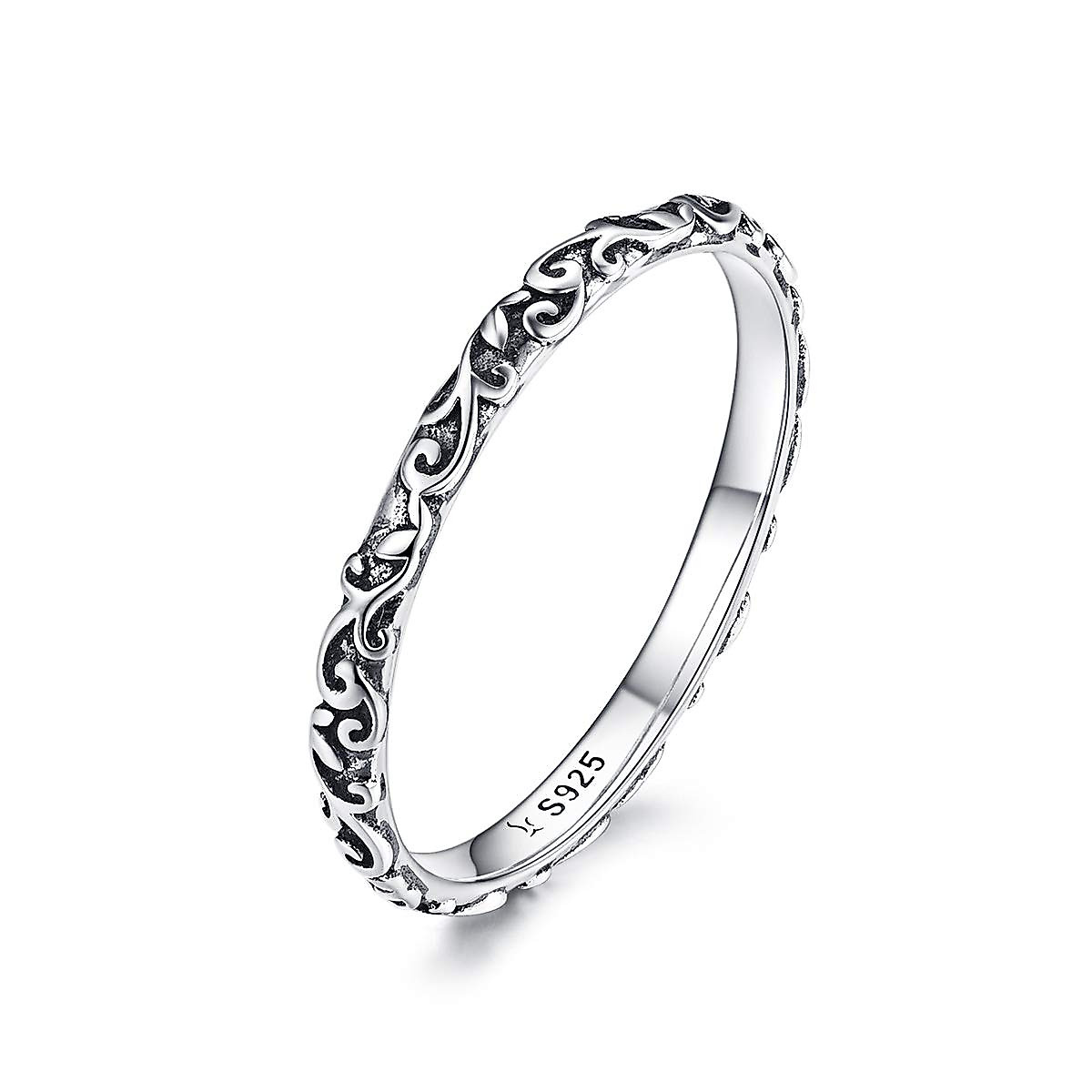 GDDX 2mm,3mm Engraved Pattern Retro Rings Sterling Silver Black Tibetan Silver Stackable Antique Ring Eternity Bands for Women Men (2mm, 8)