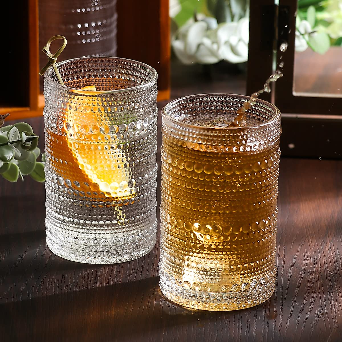 Swetwiny 4 Pack Hobnail Drinking Glasses, 12 Ounce Vintage Drinking Glasses, Old Fashioned Glassware Highball Glasses Water Glasses for Cocktail Whiskey Bear Coffee