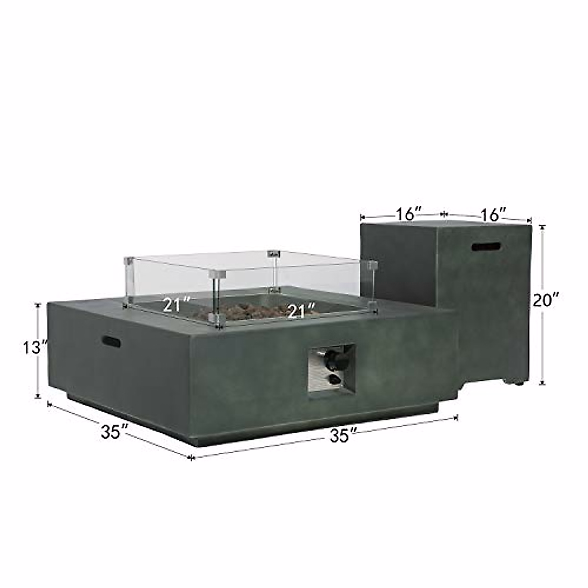 COSIEST 2-Piece Outdoor Propane Firepit Table Set, Green Faux Stone 35 inches Square Fire Table w 50,000 BTU Stainless Steel Burner, Wind Guard, w Metal Lid 20gl Hideway Tank for Garden, Porch