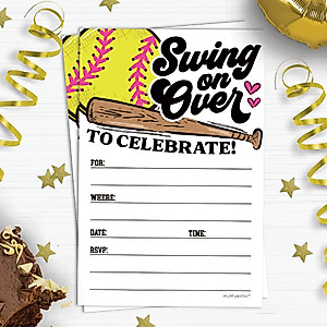 Softball Invitations With Envelopes (20 Count) - Softball Player Birthday or Team Event Invites - Swing On Over