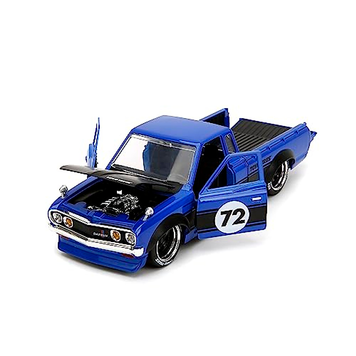 Just Trucks 1:24 Datsun 620 Pickup Die-Cast Truck w/Tire Rack, Toys for Kids and Adults(Blue/Black Stripe)