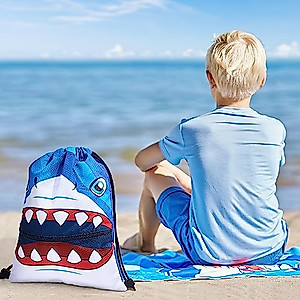 WAWSAM Shark Drawstring Backpack - Drawstring Bags for Boys Kids Swim Bag for Beach Swim Swimming Pool Draw String Bags with Zippered Pocket Waterproof Sports Gym Bag