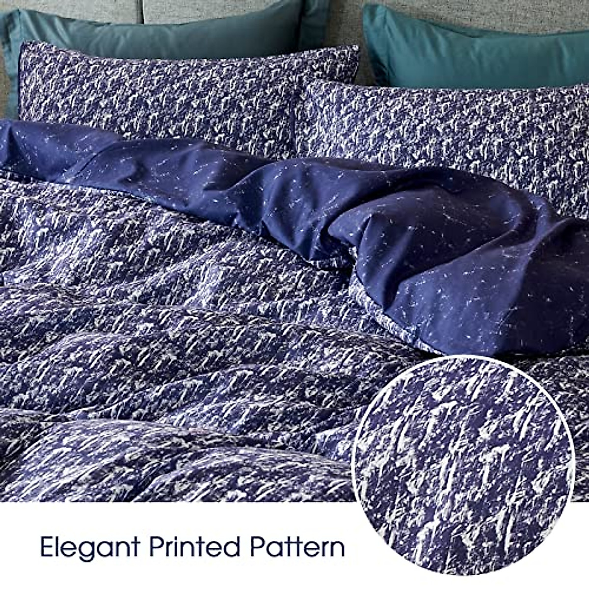 HOMLYNS Duvet Cover Queen Set, Granite Printed Navy Duvet Cover with Zipper Closure & 8 Corner Ties, Soft Microfiber Duvet Cover Set 3 Pieces,Comforter Cover Cooling Duvet Cover (Granite,90"x90")