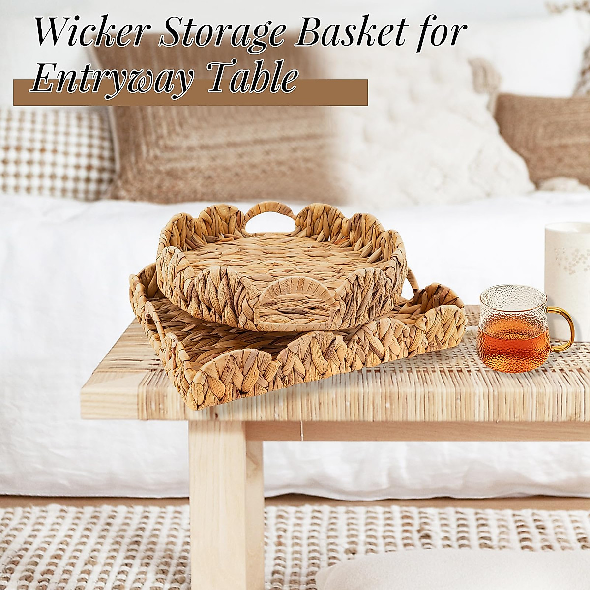 Scalloped Wicker Tray 2-Pack Woven Rattan Baskets with Handle Natural Water Hyacinth Wicker Tray Shelf Decorative Round and Square Wicker Storage Baskets for Bathroom Living Room Organizer