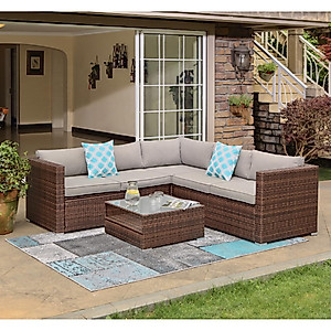 COSIEST 4-Piece Outdoor Furniture Set All-Weather Brown Wicker Sectional Sofa w Warm Gray Thick Cushions, Glass Coffee Table, 2 Teal Pattern Pillows
