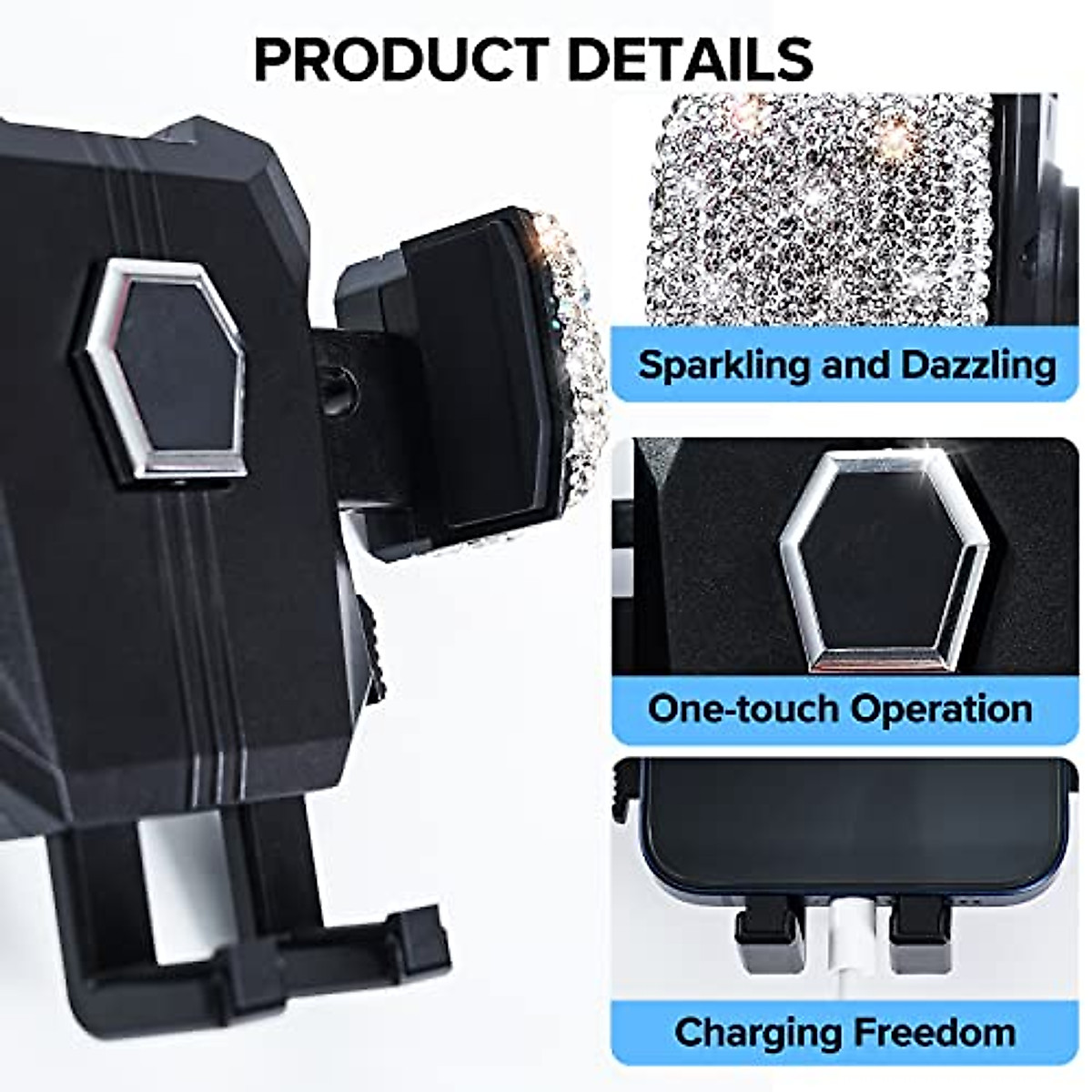 Bling Car Phone Holder,Bling Crystal Car Phone Holder,360°Adjustable Crystal Auto Phone Mount ,Bling Universal Phone Mount Holder Long Arm Suction Cup Phone Holder for Car Dashboard Windshield (White)