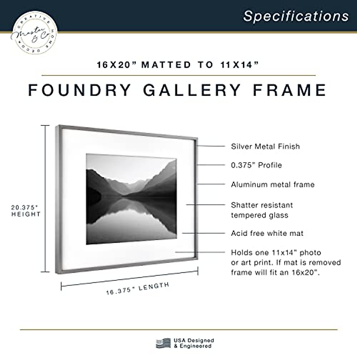 MCS Master & Co. Foundry Metal 16x20 Picture Frame, Display Pictures 11x14 With Mat or 16x20 Without Mat, Vertical & Horizontal Wall Hanging Picture Frame for Photos & Posters, Dark Silver (1-Pack)