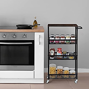 4 Tier Slim Rolling Cart, Narrow Shelf Storage Cart for Small Space, Slide Out Narrow Cart with Wooden Top, Metal Handle and Wire Mesh for Narrow Space on Kitchen, Bathroom, Laundry Room, Black.