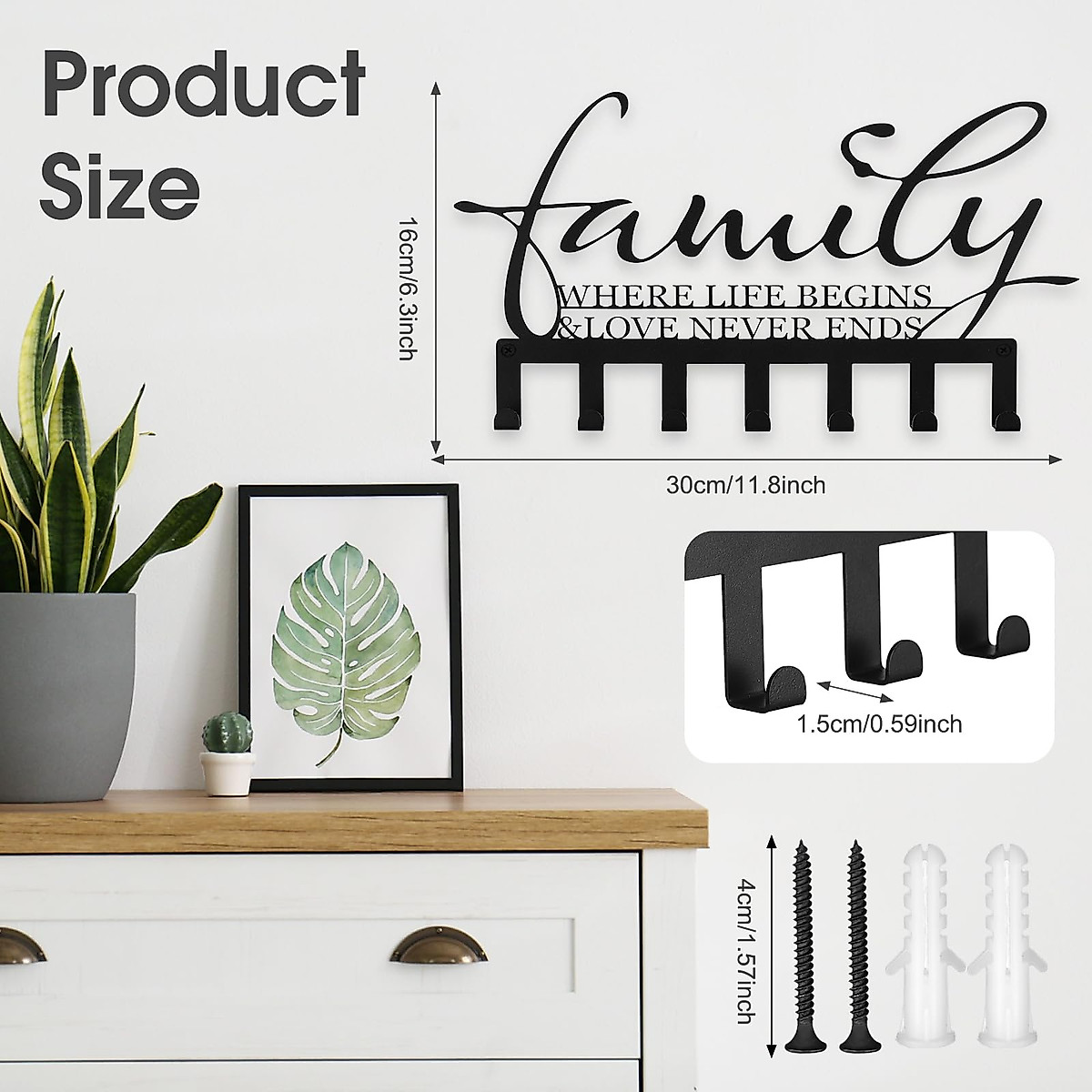 Hicarer Family Key Holder Metal Family Key Hooks Decorative Family Key Hanger Black Key Rack Wall Mount Key Organizer with Screws and Anchors for Keys Hat Kitchen Entryway Front Door Home Decor