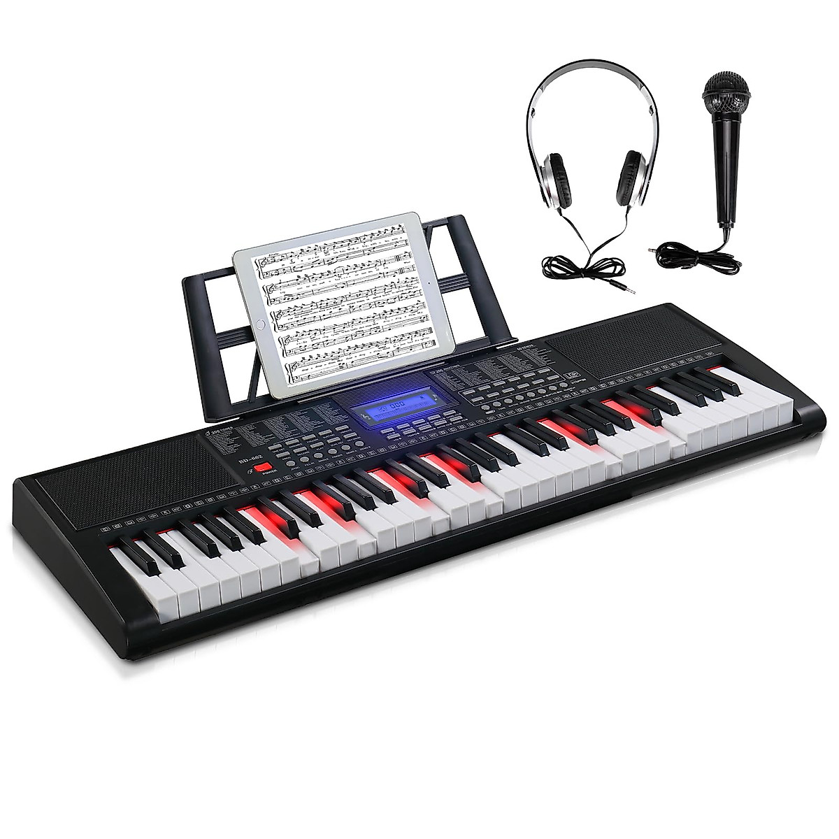 GLARRY 61-Key Portable Electronic Piano Keyboard for Beginner w/Lighted Keys, LCD Screen, Microphone, Headphones, 3 Teaching Modes, Built-In Speakers