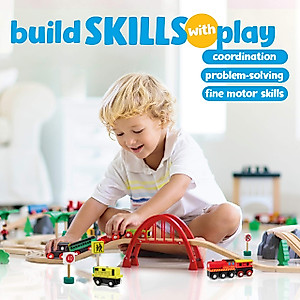 Dragon Drew Wooden Toy Train Tracks | 65 Piece | Tracks, Train, and Street Signs | Fits All Major Toy Brands