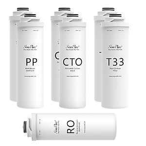 SimPure T1-400UV 1-Year Replacement Filter Cartridge Pack Set for T1-400UV Tankless Reverse Osmosis Water Filter System (2*PP Filter+2*CTO Filter+1*RO Filter+2*T33 Filter)