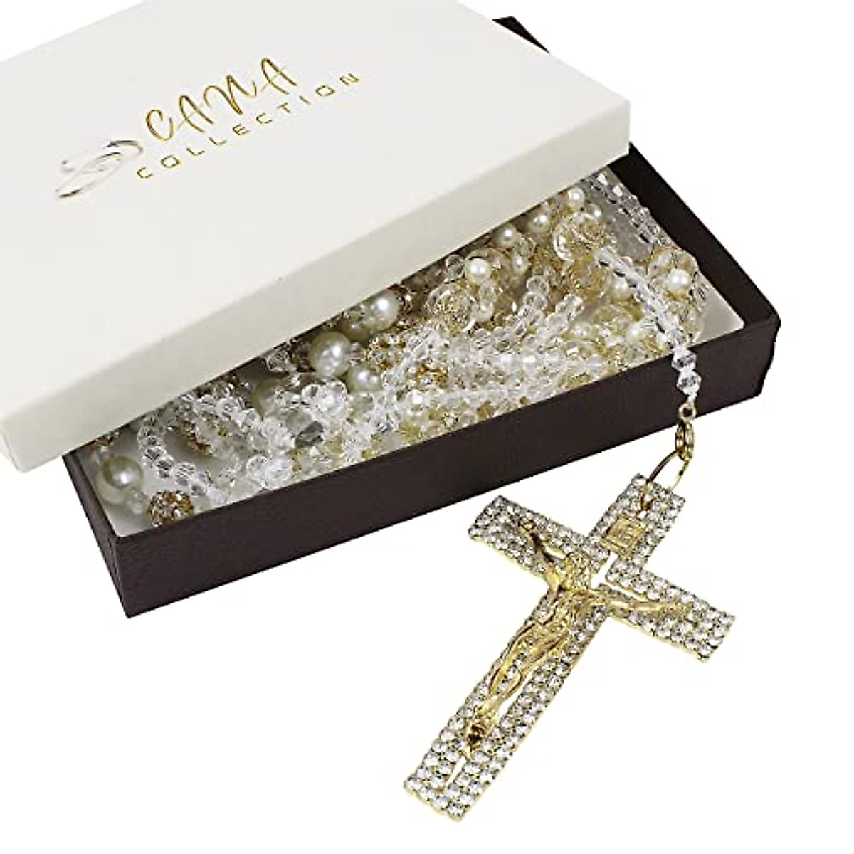 Cana Collection Wedding Lasso Rosary Lazo de Bodas Handcrafted Lasso, Great Wedding Gift Beautiful Christian Catholic Wedding Tradition for Brides and Grooms,Pearl Beads and Crystals Gold